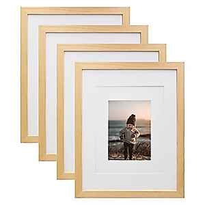 KINLINK 11x14 Picture Frames Natural Wood Frames with Acrylic Plexiglass for Pictures 5x7/8x10 with Mat or 11x14 without Mat, Tabletop and Wall Mounting Display, Set of 4