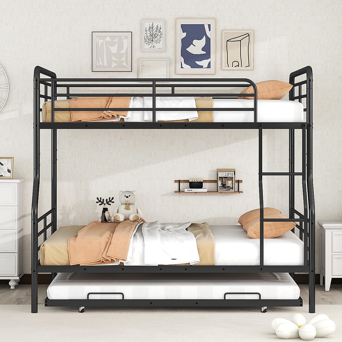 Full XL Over Queen Bunk Bed for Kids, Heavy Duty Bunk Bed Full Over Queen with Twin Size Trundle, Ladder and Safety Guardrail for Boys Girls, Easy Assemble (Black)