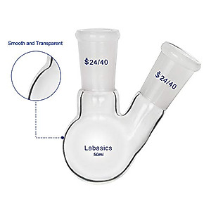 Labasics Glass 50ml 2 Neck Round Bottom Flask RBF, with 24/40 Center and Side Standard Taper Outer Joint, 50ml
