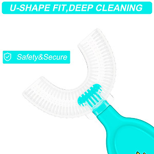 CHENGU 4 Pieces Kids U Shaped Toothbrush Manual Training Tooth Brush Whitening Massage Toothbrush Whole Mouth Toothbrush for Kids 2-12 Years (Yellow, Green, Orange, Pink, Dinosaur Style)