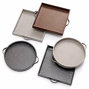 Ranslen Square Leather Serving Tray with Handles, 15"x15" Table Trays for Ottoman Coffee Table, Decorative Tray for Home Organizer Living Room Kitchen Food Tray, Breakfast Tray in Bed, Brown