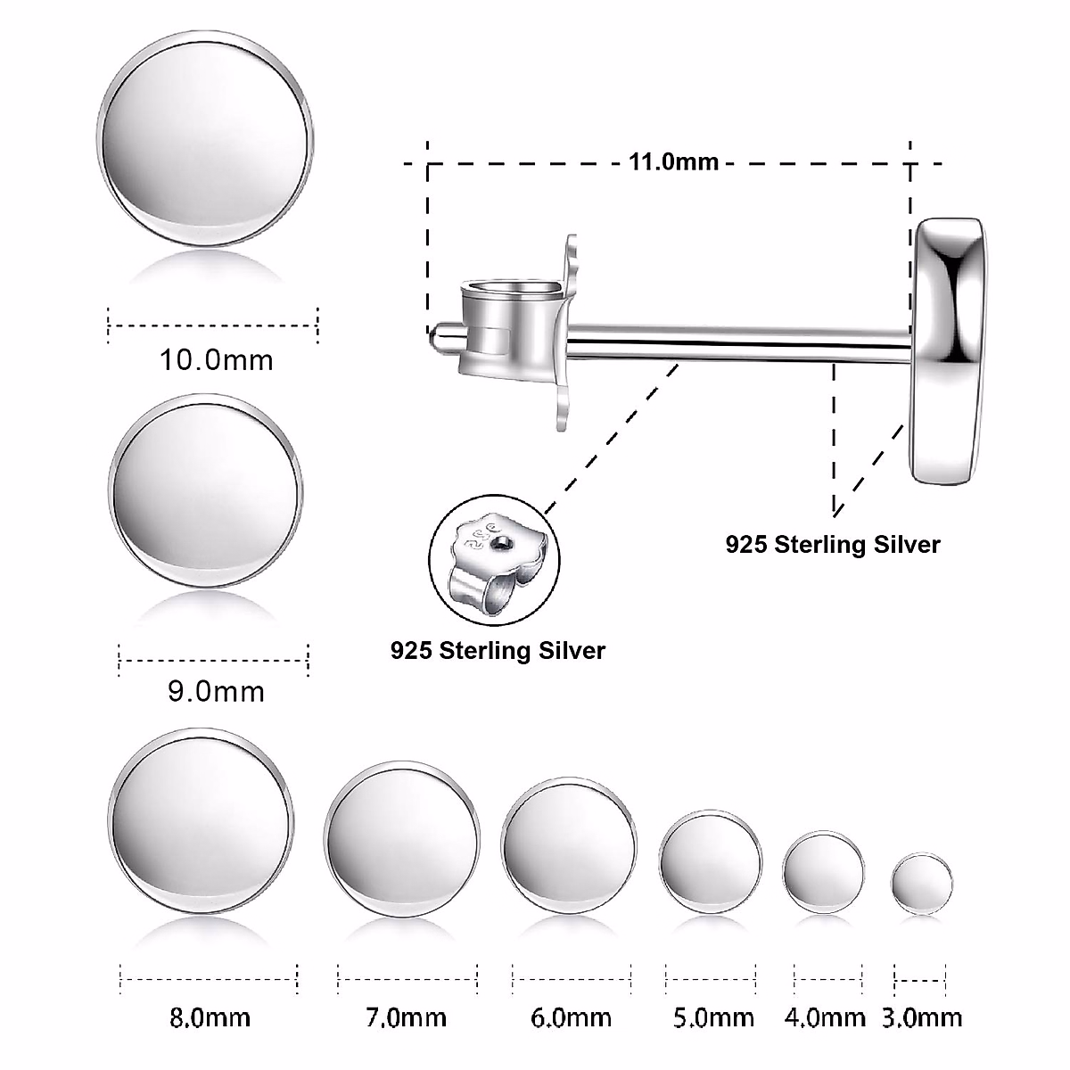 White Gold Plated Sterling Silver Dot Stud Earrings 3mm-10mm Options, Flat Round Disc Studs Hypoallergenic Jewelry (3mm)