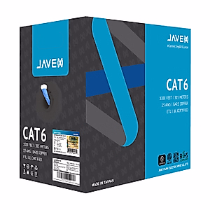 JAVEX 23AWG CAT6 UL Certified [1000 Feet] Solid Bare Copper 600MHz, PoE++ up to 100W, ETL Listed, TAA Compliant, UTP Ethernet Bulk Cable, Blue