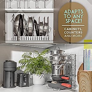 GeekDigg Pot and Pan Organizer for Cabinet, Extensible and Length Adjustable Lid Rack for Kitchen Counter and Cabinet, Lid Organizer for 10+ Pots and Pans with 6 DIY Methods (Silver)