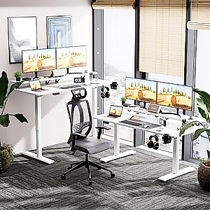 Kemon Electric Standing Desk with Monitor Stand, 55 x 24 Inch Height Adjustable Sit Stand up Desk, Home Office Computer Workstation with Cup Holder and Hook, Stand Table for Work, White