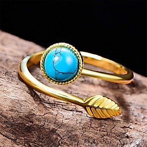 AVECON 14k Gold Plated Turquoise Feather Ring 925 Sterling Silver Adjustable Open Tree Leaf Bands Ring for Women