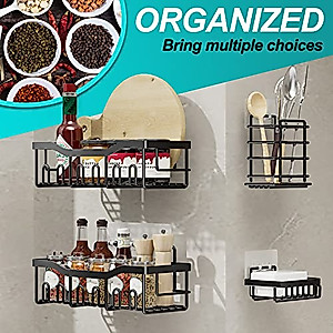 shower shelves[5 pcs],Kitchen&bathroom storage shelf, strong adhesive,bathroom shelf no drilling , rustproof stainless steel soap box, toothpaste, towel and toiletries,Cutlery Storage Box , black