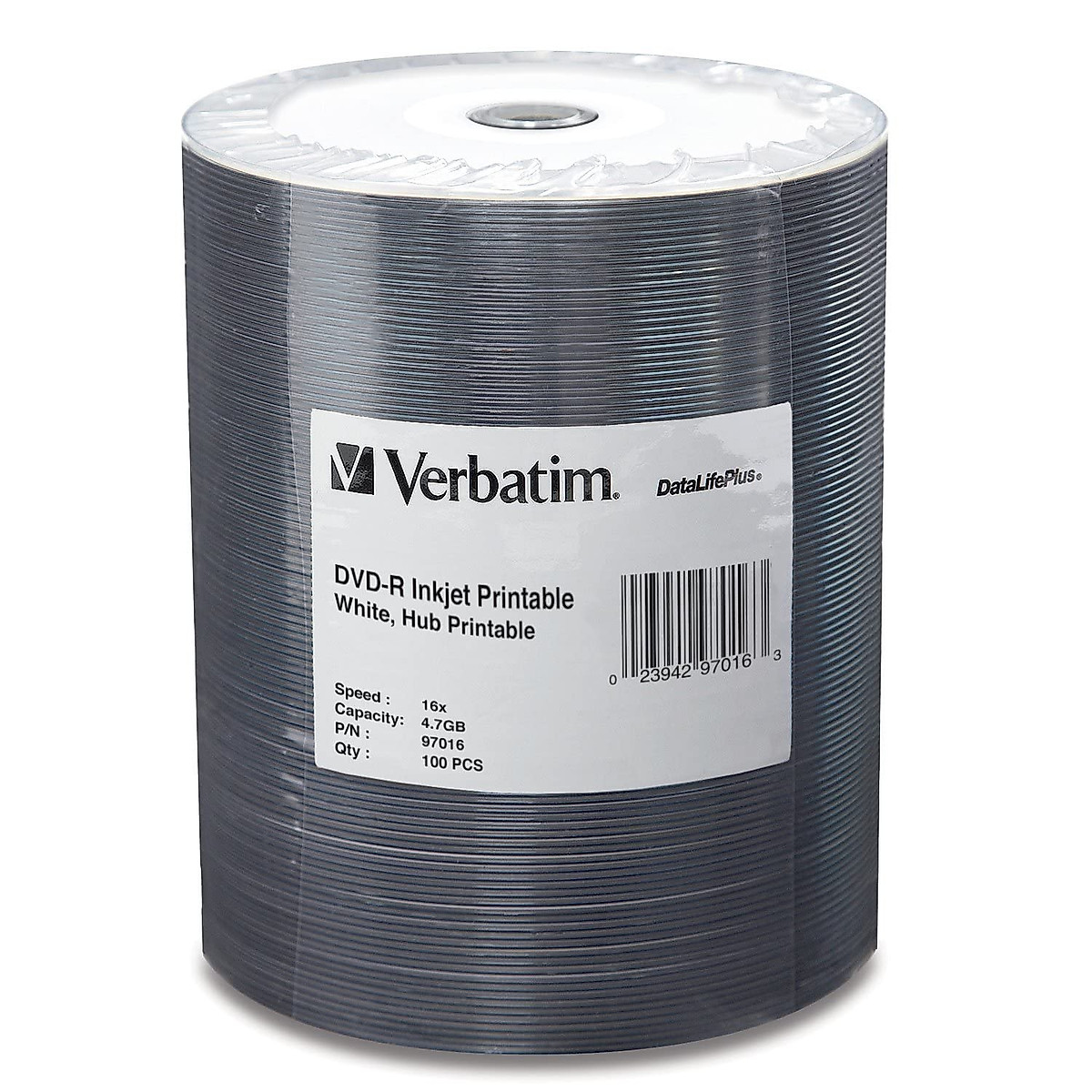 Verbatim DVD-R 4.7GB 16X DataLifePlus White Inkjet Printable Surface, Hub Printable - 100pk Tape Wrap & CD-R 700MB 52X White Inkjet Hub Printable Recordable Media Disc - 100pk Spindle