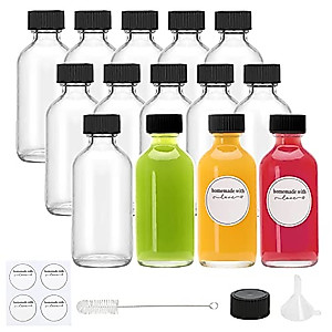 CUCUMI Shot Bottles with Caps, 14pcs 2oz Small Clear Glass Juice Bottles with Lids for Juice, Potion, Ginger, Diy Essential Oils, Whiskey, with Funnels, Perfumes