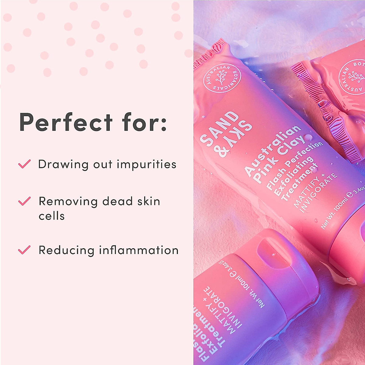 Sand & Sky Flash Perfection Exfoliating Treatment Face Scrub - Face cleanser Australian Pink Clay Moisturizing Facial Exfoliator For Face | With Rosehip, Grapeseed, Olive Oil (3.4 oz)