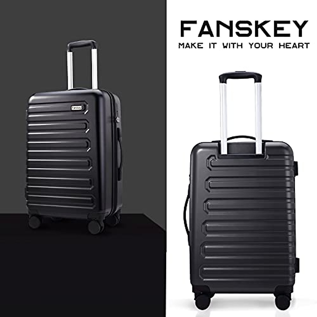 Fanskey Luggage, 3 Piece Set Suitcase with Spinner wheels, Hardshell, Lightweight, TSA Lock (Black)