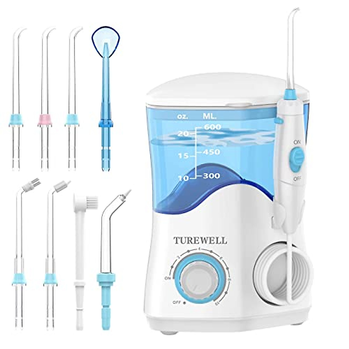 TUREWELL Water Dental Flosser for Teeth/Braces, Water Teeth Cleaner Pick 8 Jet Tips and 10 Pressure Levels, 600ML Large Water Tank Oral Irrigator for Family(White)