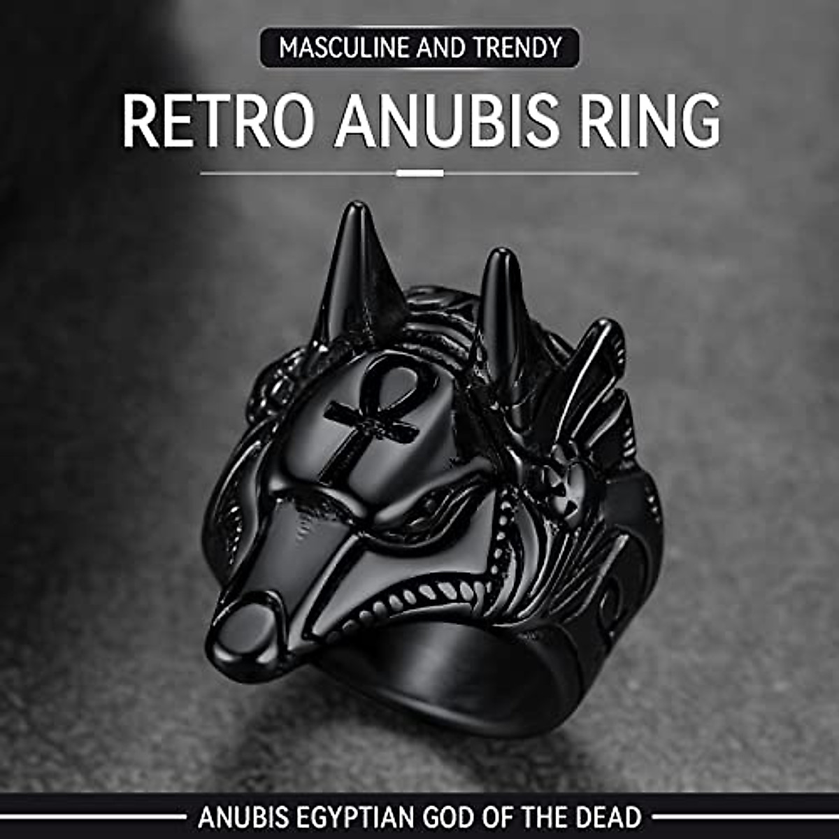 Male Anubis Ring Black Size 8 Stainless Steel Vintage Egyptian Protective Thumb Finger Rings