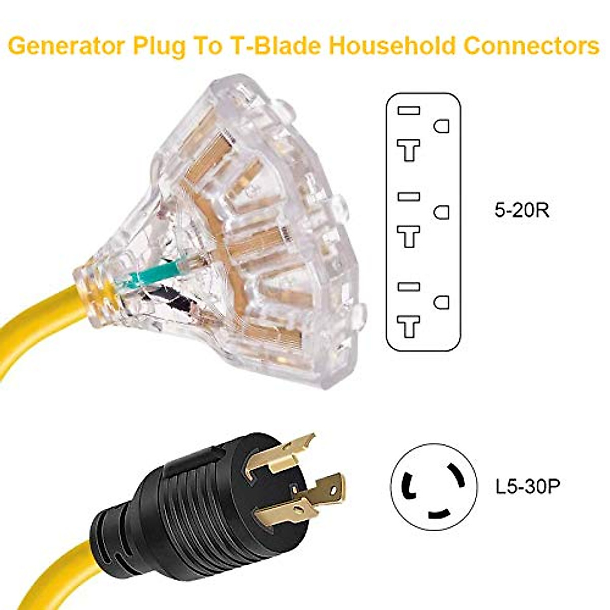 Rophor 30 Amp to 110 Adapter Generator Power Cord, 3 Prong 30 Amp to 15 Amp Generator Adapter, Nema L5-30P Male to 3X 5-20R Female with Lighted End, 1.5 FT