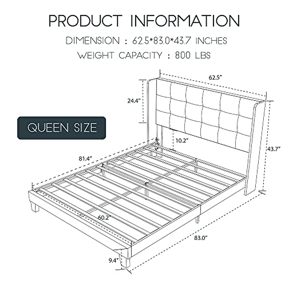 Einfach Queen Upholstered Wingback Platform Bed Frame with Headboard/Mattress Foundation with Wood Slat Support and Square Stitched Headboard/No Box Spring Needed/Easy Assembly, Dark Grey
