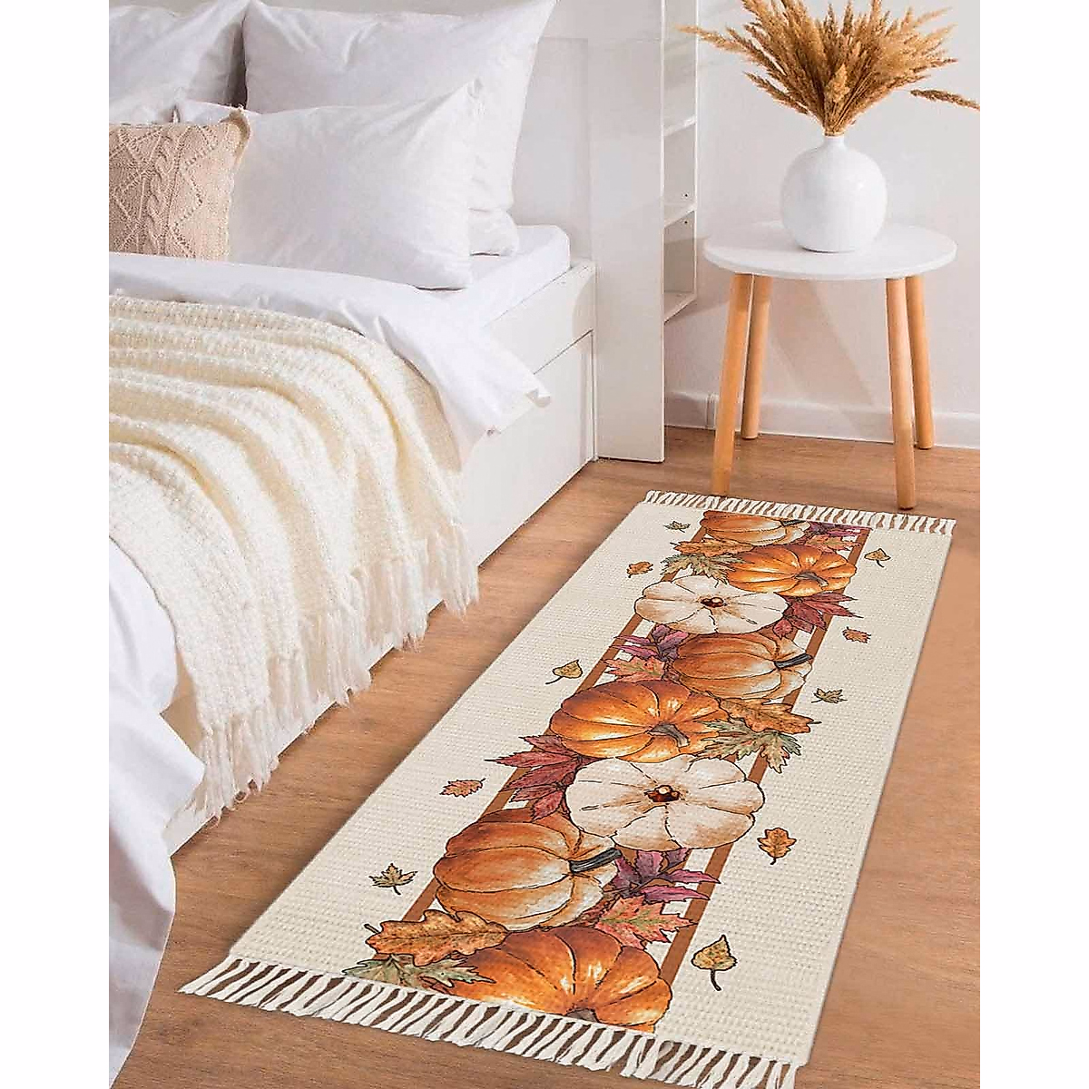 Fall Kitchen Runner Rug 2x5 Bedside Rug with Tassel Cotton Woven Throw Rugs Washable Hallway Runner Rug Thanksgiving Orange Pumpkin Maple Leaf Beige Floor Carpet for Bedroom Bathroom Living Room