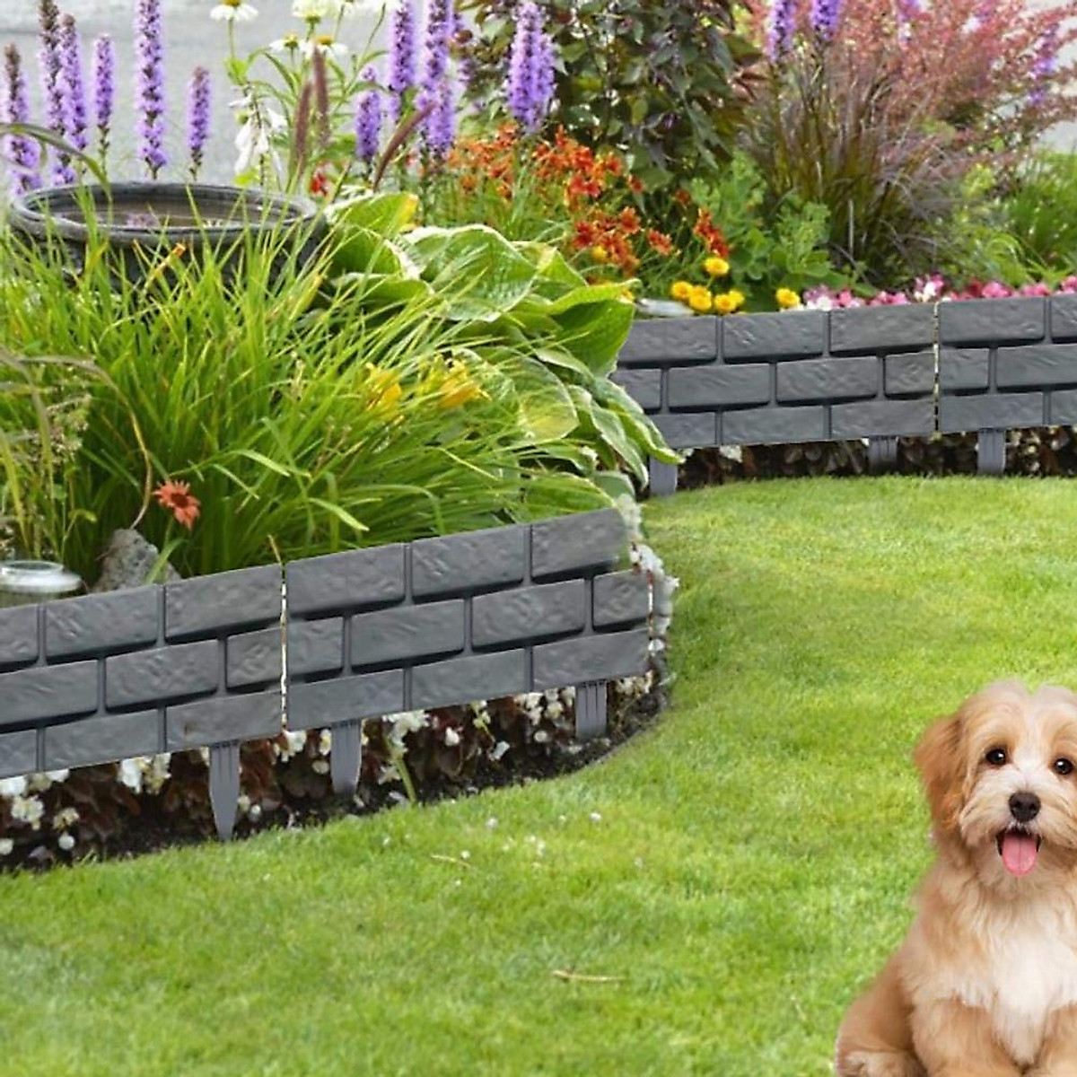 Hidyliu Set of 4 paving stones, garden palisade flower bed edging, paved stone effect, lawn edging granite, plant decoration, 45 cm x 29.5 cm (L x H), for lawn or patio (grey)