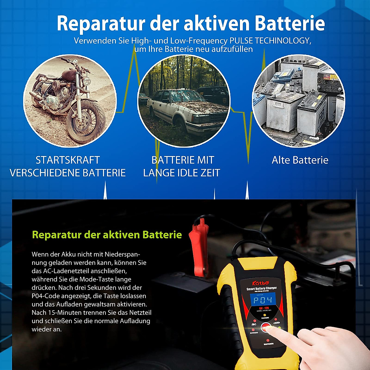 KATBO Battery Charger 12V 6A 6 Volt 2A Trickle Battery Charger Maintainer Float Charger for Motorcycle Car Boat Marine Lawn Mower ATV Toy Lead Acid,AGM, Gel,STD,SLA (Yellow)