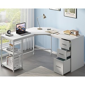 LVB White L Shaped Corner Desk with Drawers, Reversible Modern L-Shaped Computer Desk with Storage Cabinet Shelves, Large Wood L Shape Home Office Desk Table for Work Study Writing Gaming, 60 Inch