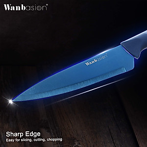 Wanbasion Kitchen Knife Set Block, Stainless Steel Kitchen Knife Set, Professional Kitchen Knife Set Block with Blue Titanium