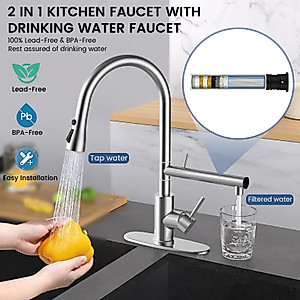 Kitchen Faucet, 2024 Upgraded Filter Water Kitchen Faucet with Pull Down Sprayer, Brushed Nickel Stainless Steel High Arc 1 Or 3 Hole Kitchen Sink Faucet for Remove Chorine and Harmful Substances