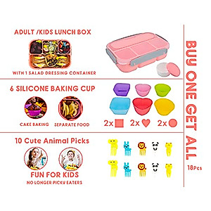 Bento Lunch Box for Kids Adult,4 Compartment Bento Box Containers with Fun Accessories Thick Silicone Food Cake Cups, Cute Food Picks for Kids,Easy to Clean (PINK)