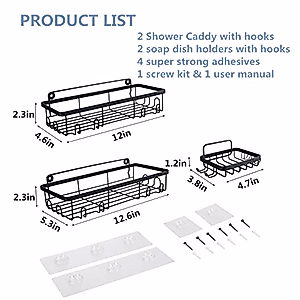 FouCortty Shower Caddy Basket Shelf Organizer with Soap Dishes,Bathroom Storage Rack,Adhesive No Drilling Wall Mounted Shower Kitchen Storage Accessories, SUS304 Stainless Steel - 4 Pack (Black)