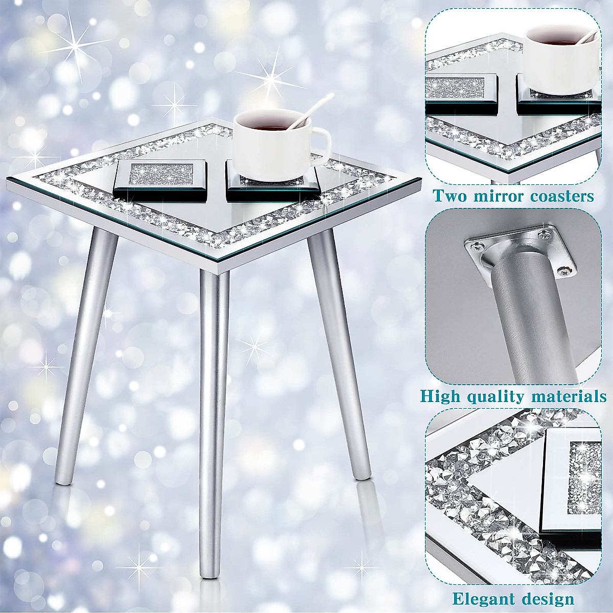Mirrored End Table with Glass Mirrored Coasters Modern Silver Accent Table Bling Mirror Side Table Crushed Crystal Coasters Crushed Diamond Cup Mat for Living Room Home Kitchen (Square, 3 Pcs)