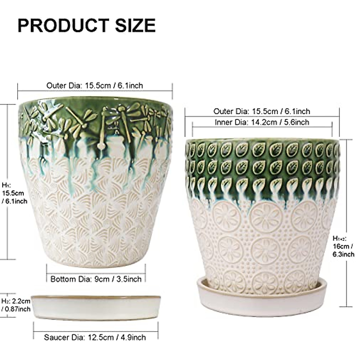 YFFSRJDJ 6 Inch Ceramic Planter Pots with Drainage Holes, Saucers and Mesh Pads for Indoor-Outdoor Plants, Succulent Orchid Flower Large Round Plant Pot, Set of 2 (Green+White)