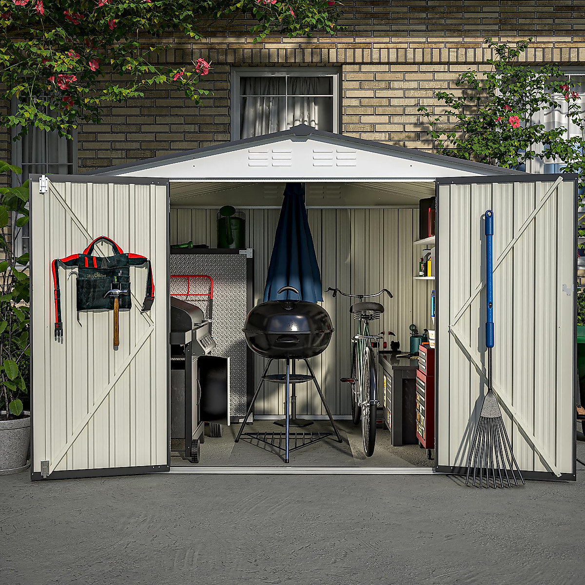 Outdoor Storage Shed 8 x 6 ft All-Weather - Rust & UV-Resistant Galvanized Steel with Ventilation & Pad-Lockable Doors,White