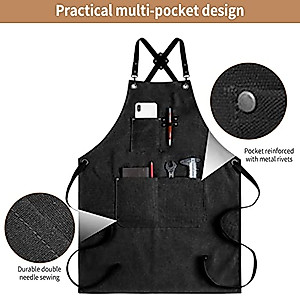 VENK LTDD Chef Apron for Men Women, Cotton Canvas Heavy Duty Work Apron with Pockets, Cross Back Straps Canvas Apron Kitchen Apron for Grilling Cooking BBQ Baking (23 inches x 31 inches ), Black