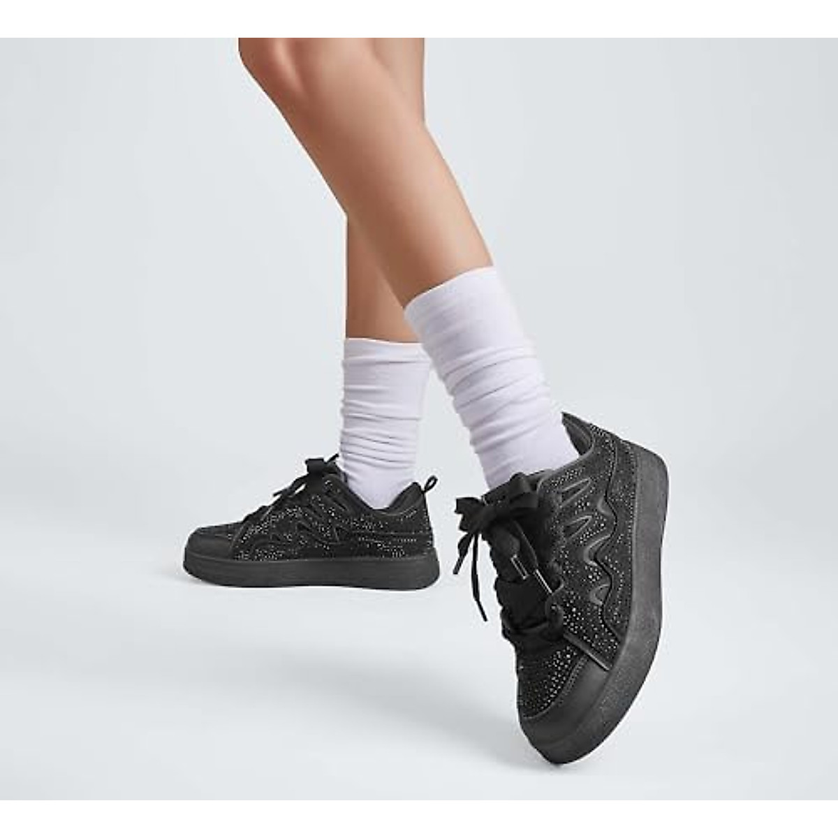 LUCKY STEP Women's Sparkle Rhinestone Fashion Sneakers Walking Tennis Bling Glitter Roaring Shoes Platform Lace up Casual Mesh Sneaker(Black Rhinestone,8.5)