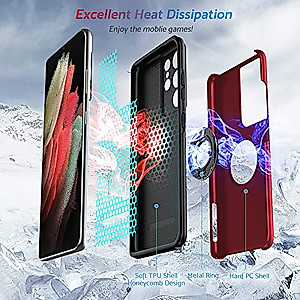 Anqrp Shockproof for Galaxy S21 Ultra Case 5G, [Heat Dissipation] [No Fall-Off Kickstand] 360°Metal Ring Military Grade Protection Phone Case with Samsung Galaxy S21 Ultra 6.8 Inch, Red