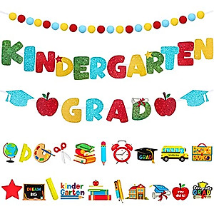 5 Pcs Kindergarten Graduation Banner 2023 Kids Kindergarten Grad Garland Decorations with Wool Felt Ball Garland Colorful Pom Pom Garland Congrats Grad Party Favor Supplies for School Classroom