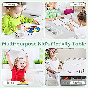 INFANS 2 in 1 Kids Art Table and Chair Set, Toddler Craft Play Wood Activity Desk with 2 Chairs Paper Roll Storage Canvas Bins Paint Cups for Drawing Writing, Children Furniture for Daycare Nursery