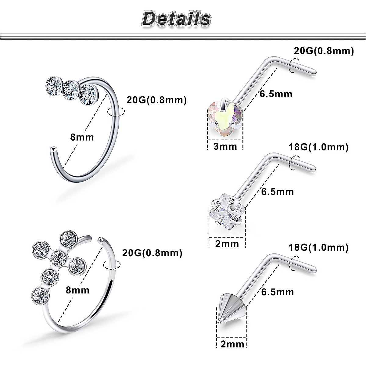Ocptiy 18G Nose Rings Studs Hoop Piercing Jewelry for Women Stainless Surgical Steel Hypoallergenic L Shaped Cute Nose Rings Bend Curved Cubic Zirconia Nose Nostril Ring Stud Piercing Jewelry Men 2MM