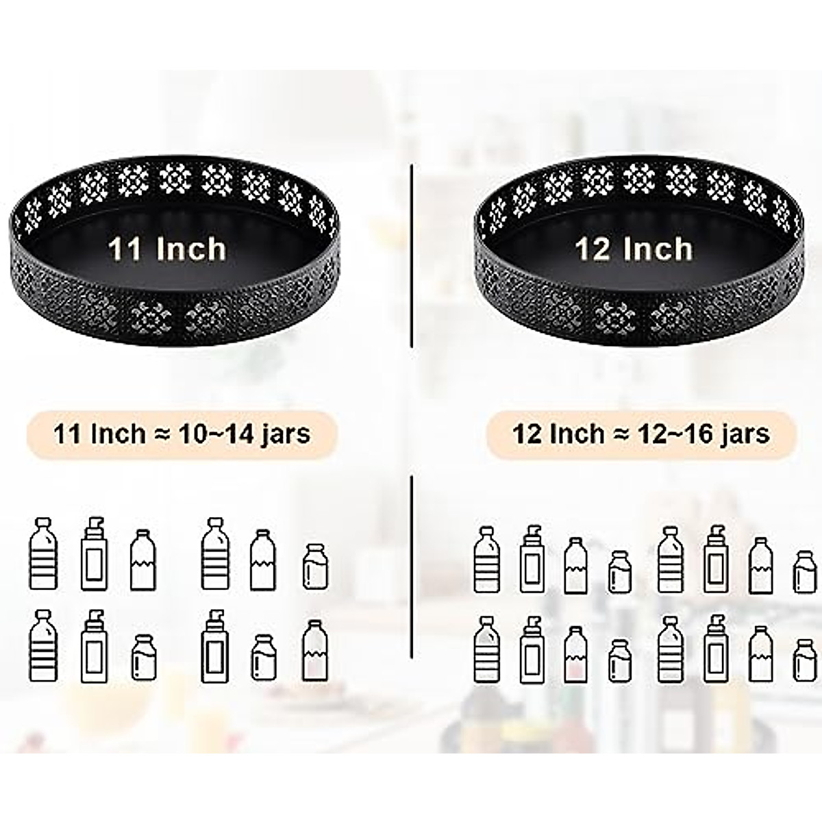 LEMIKKLE Lazy Susan Organizer for Cabinet Countertop 2 Pack, Kitchen Rotating Table Organzier Counter Tray, Turntable Refrigerator Organizer for Kitchen Pantry Vanity (Black 11"+12")