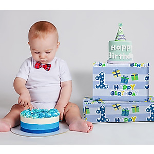 WRAPAHOLIC 1st Birthday Wrapping Paper Sheet - 6 Sheets Blue Happy Birthday with Gift Box Design Folded Flat for Birthday, Party, Baby Showers - 19.7 Inch X 27.5 Inch Per Sheet