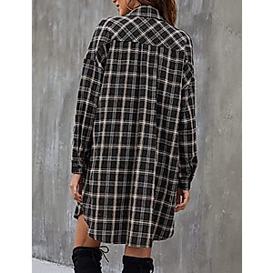HangNiFang Long Flannel Shirts for Women Button Down Plaid Shirts Dresses Pocketed(0652-Black-XL)