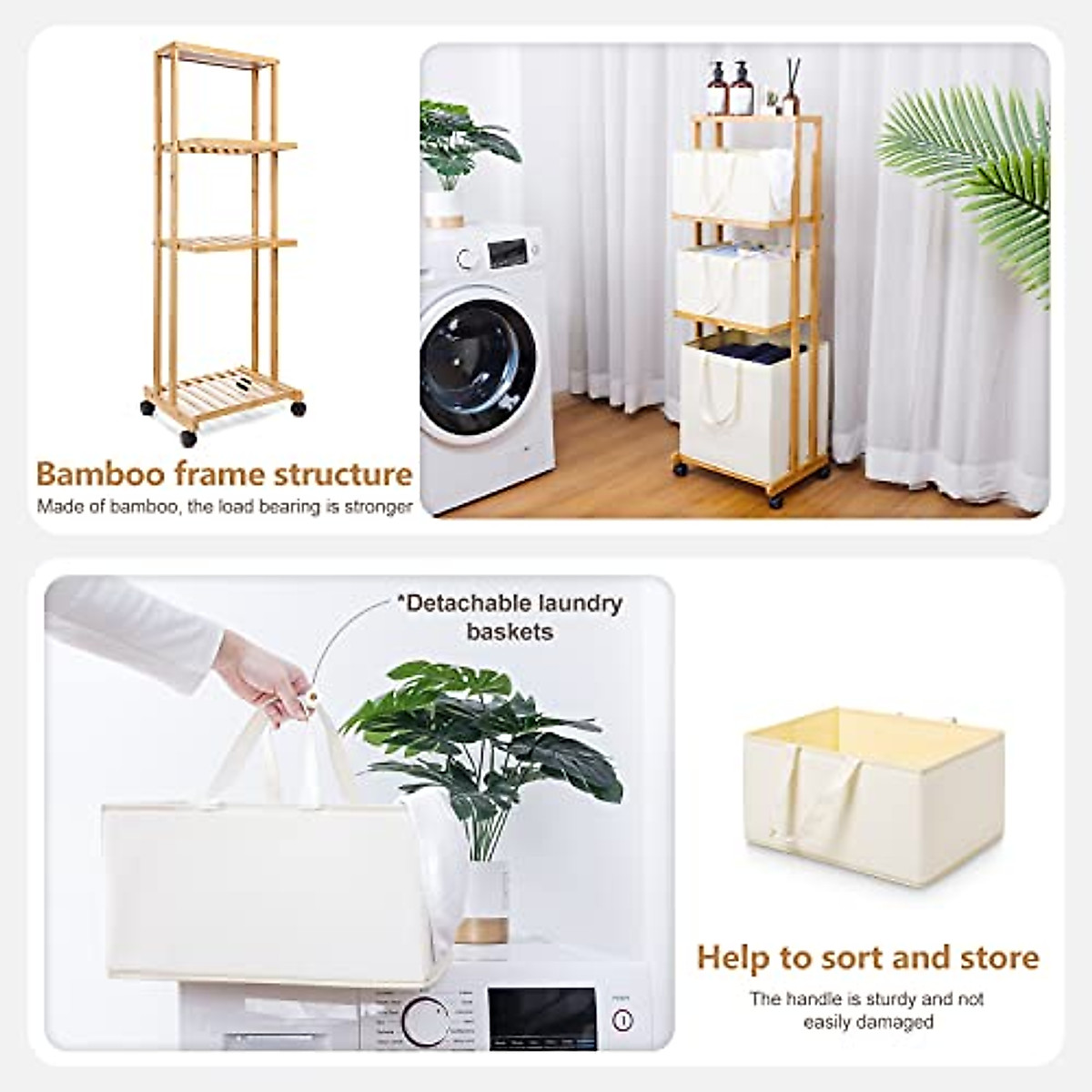 Homde Laundry Basket 3 Tier Bamboo Storage Shelf with Wheels Removable Storage Basket with Handle Freestanding Clothes Hamper Organizer for Bathroom Living Room Bedroom
