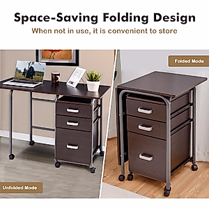 Foldable Computer Laptop Desk w/ 3 Drawers, Wheeled Laptop Desk with Metal Frame, Space Saving Folding Desk with Rolling Wheels for Home Office Small Space (Brown)
