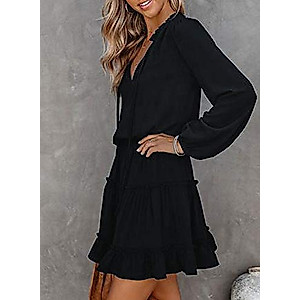 Happy Sailed Western Dresses for Women 2024 Sexy V Neck Long Sleeve Ruffle Layered Self Tie Swing Mini Dresses Black Small