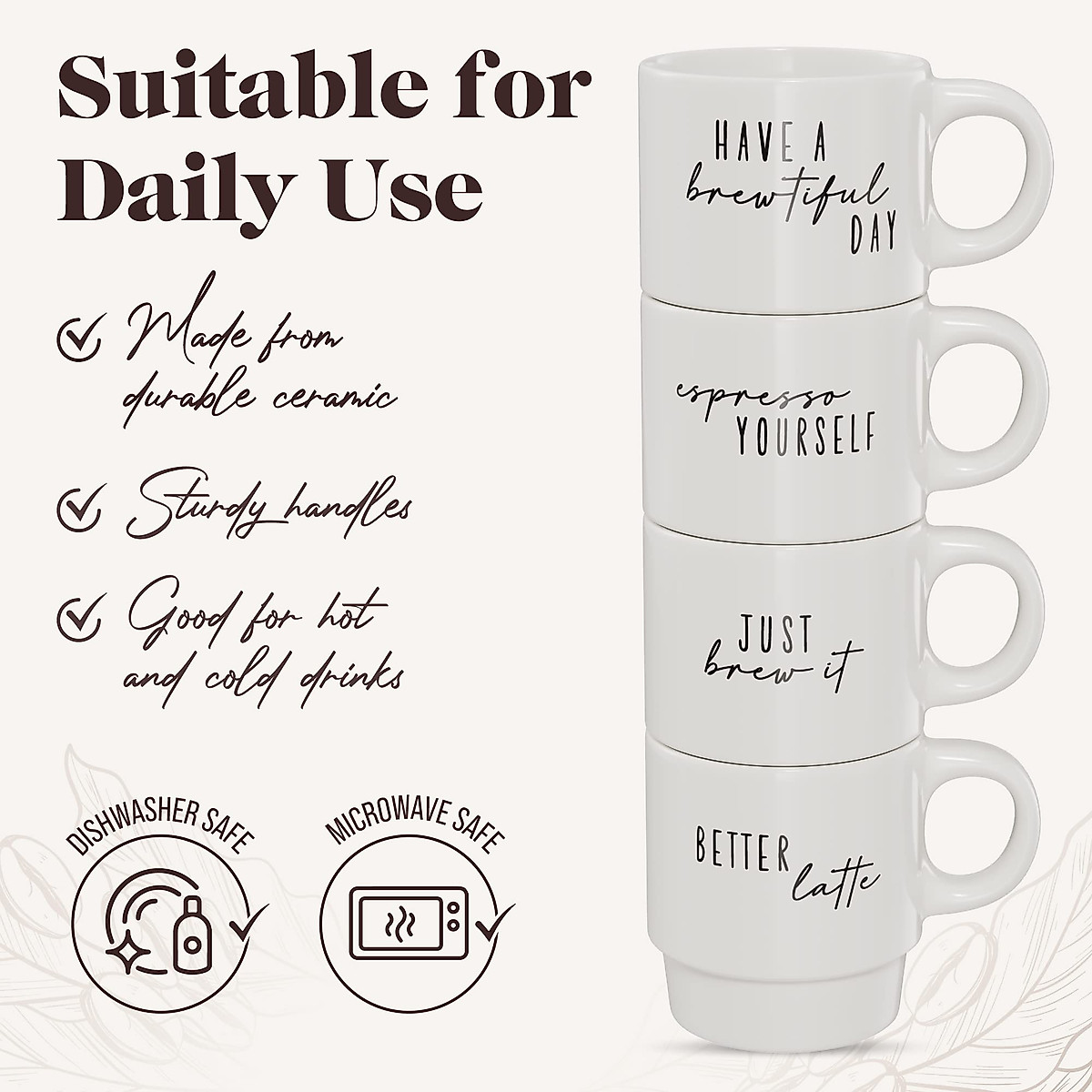 American Atelier Coffee Mug Set with Coffee Mug Rack | Coffee Mugs Set of 4 | Stackable Coffee Mugs with Rack | Coffee Cup Set with Coffee Cup Rack | Have a Brewtiful Day Print | Ceramic Mug