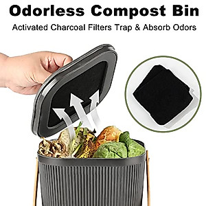 Compost Bin Kitchen, Yatmung Countertop Compost Bin, Compost Bucket Made of Bamboo Fiber, Small Compost Bin with Charcoal Filter, Black