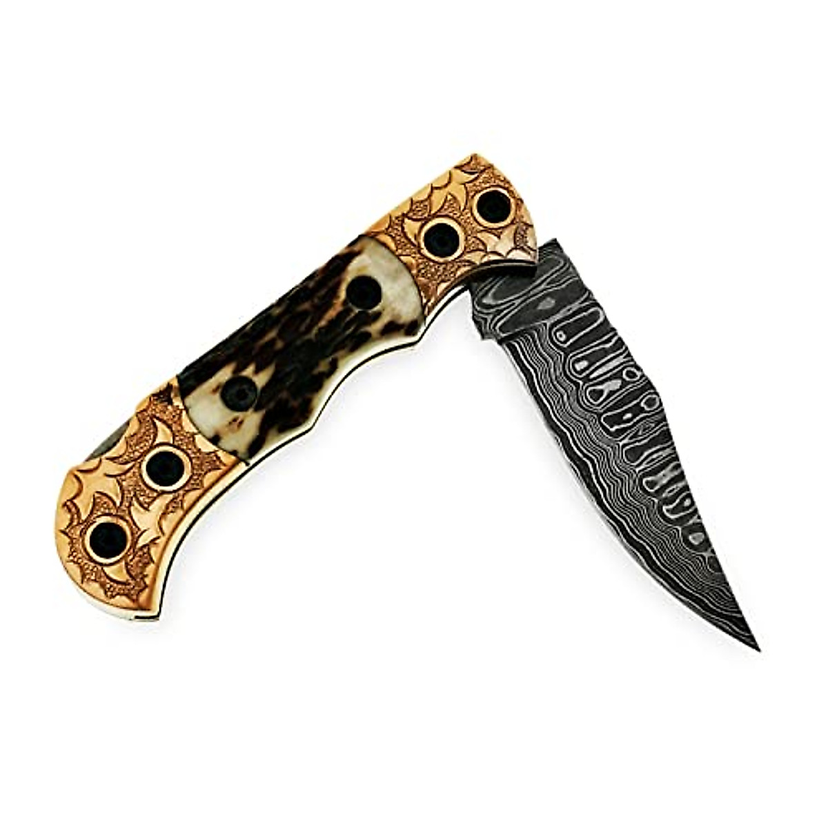 Back Lock Handmade Folding knife Pocket knife Damascus Steel Blade Back Lock Stag Horn Handle Leather Sheath BW-5160
