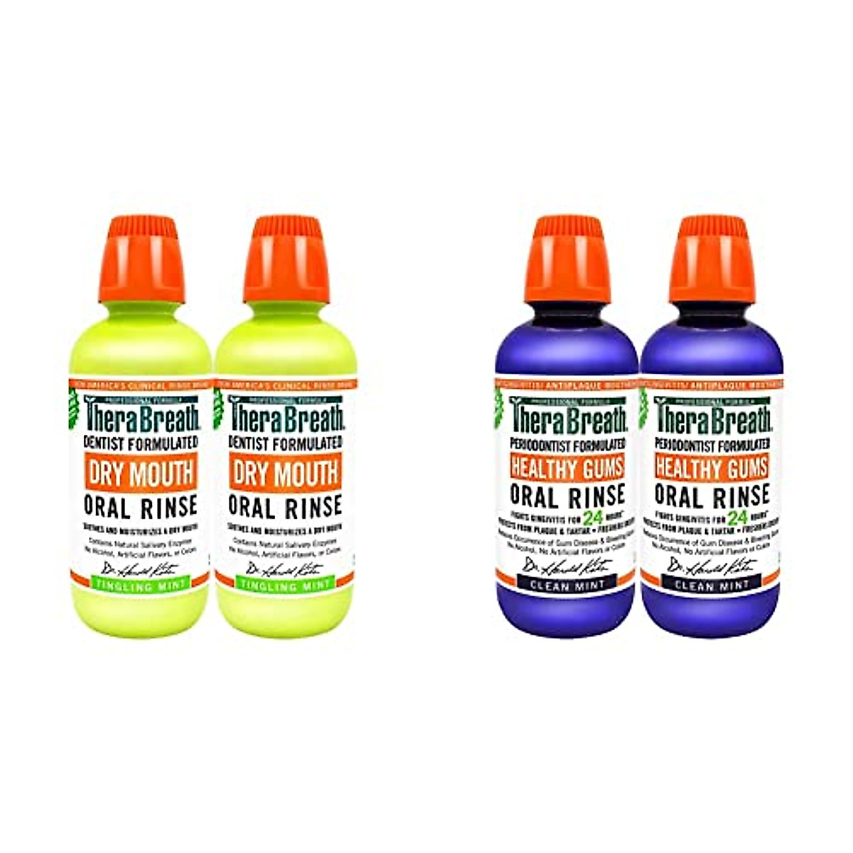 TheraBreath Dry Mouth Oral Rinse, 16 Ounce Bottle (Pack of 2) and 24 Hour Healthy Gums Periodontist Formulated Oral Rinse, 16 Ounce (Pack of 2)