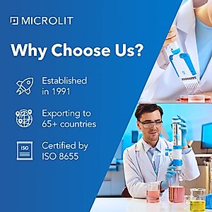 MICROLIT - Complete Starter Kit, Pipettes with 0.5-10ul, 10-100ul, 100-1000ul and 1-10ml Liquid Capacity, 4-Piece Set of Pipettes with a Carousel Stand and Compatible Micropipette Tips