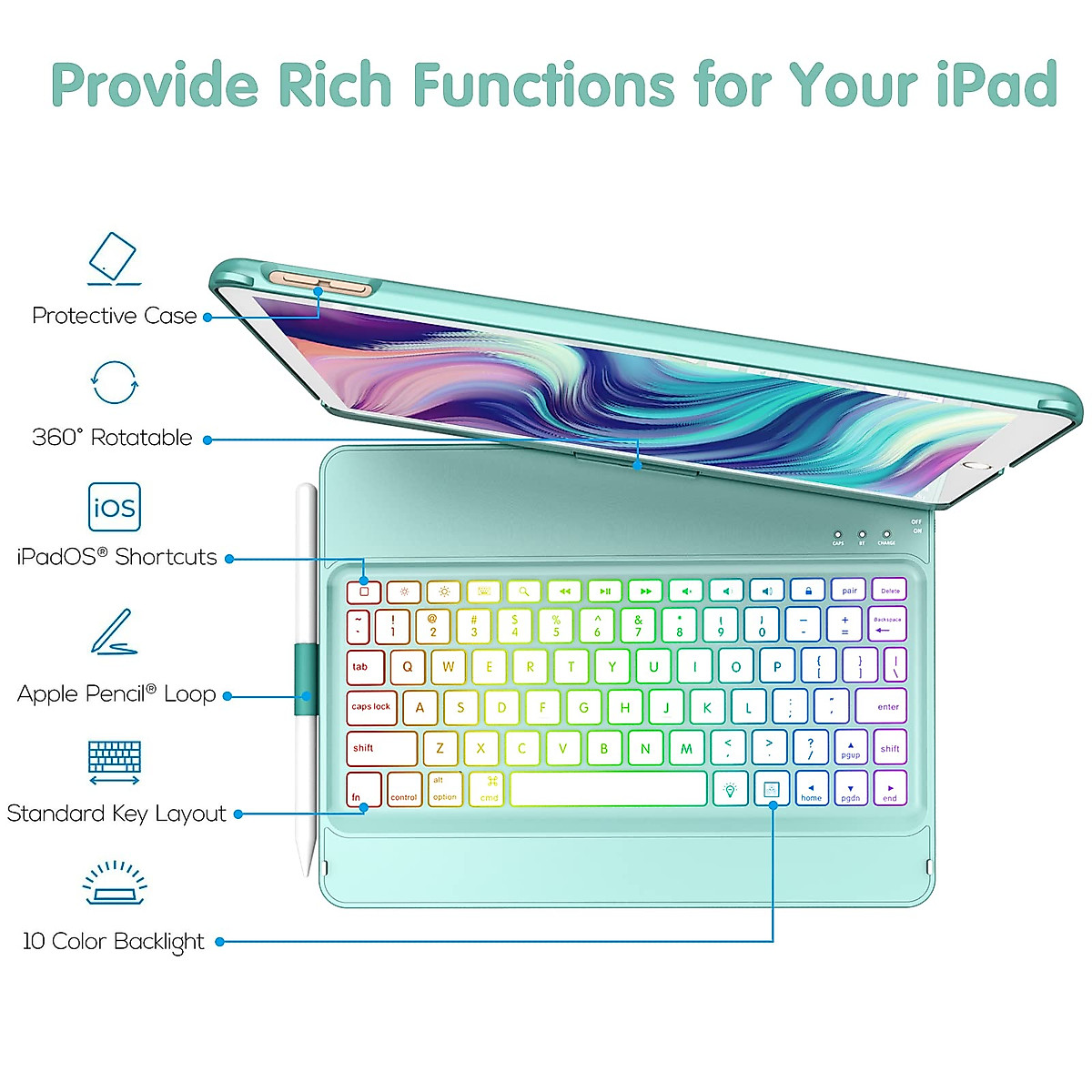 iPad 9th Generation Case with Keyboard and Apple Pencil,Stylus Pen for iPad(2018-2023) 15mins Fast Charge,Palm Rejection iPad Pencil,10 Color Backlit Bluetooth Keyboard Case with Pencil Holder