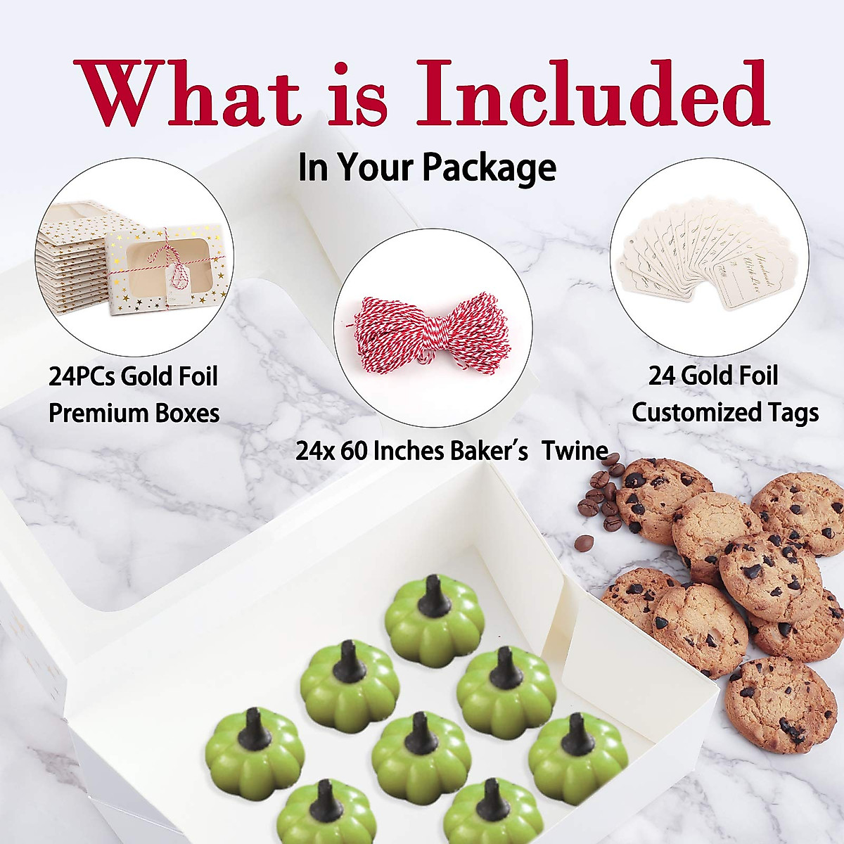 CHOUNYEE 24 PCS Christmas Cookie Boxes for Gift Giving, 9x6x3 Golden Star Christmas Treat Boxes with Window, Auto-Up Holiday Cookie Boxes,Baking Goods Packaging Box for Desserts, Mini Cake, Donuts