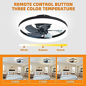 YOZLNFO 2024 20'' Modern Ceiling Fan with Lights Remote Control, 6 Speeds 3 Colors Geometric Bladeless Ceiling Fan with Lights, Black Low Profile Flush Mount Ceiling Fan for Kitchen Bedroom Living